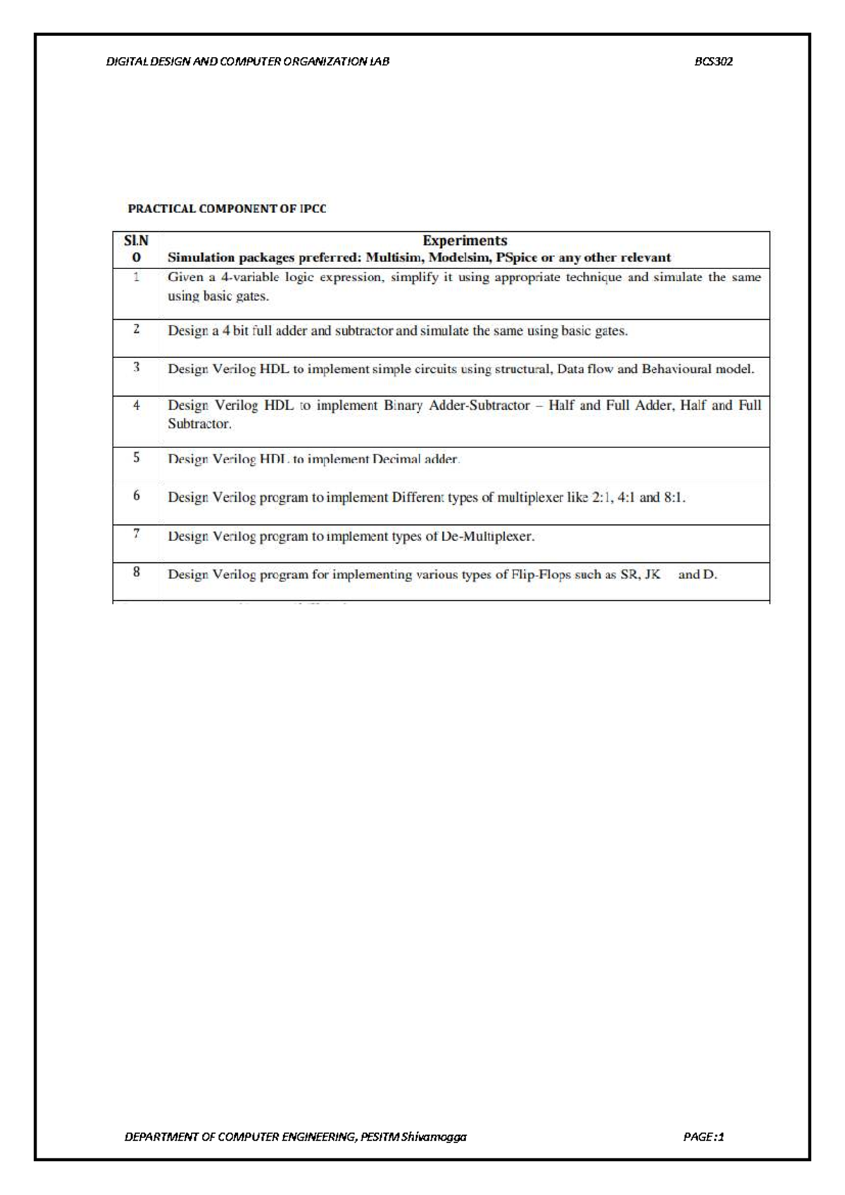 Digital Design and Computer Organization Lab Manual BCS302 - Studocu