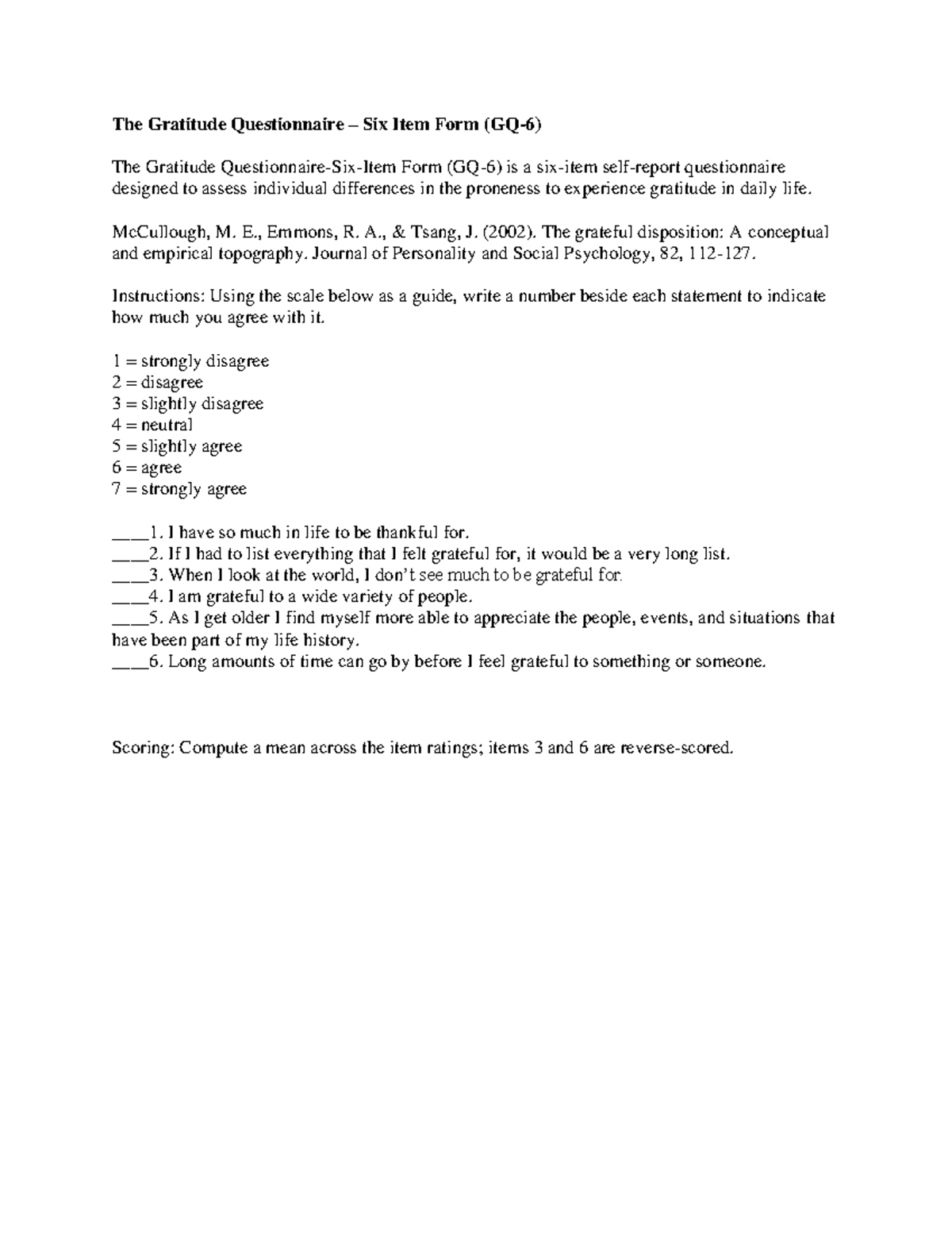GQ-6: The Gratitude Questionnaire - Six Item Assessment Guide - Studocu
