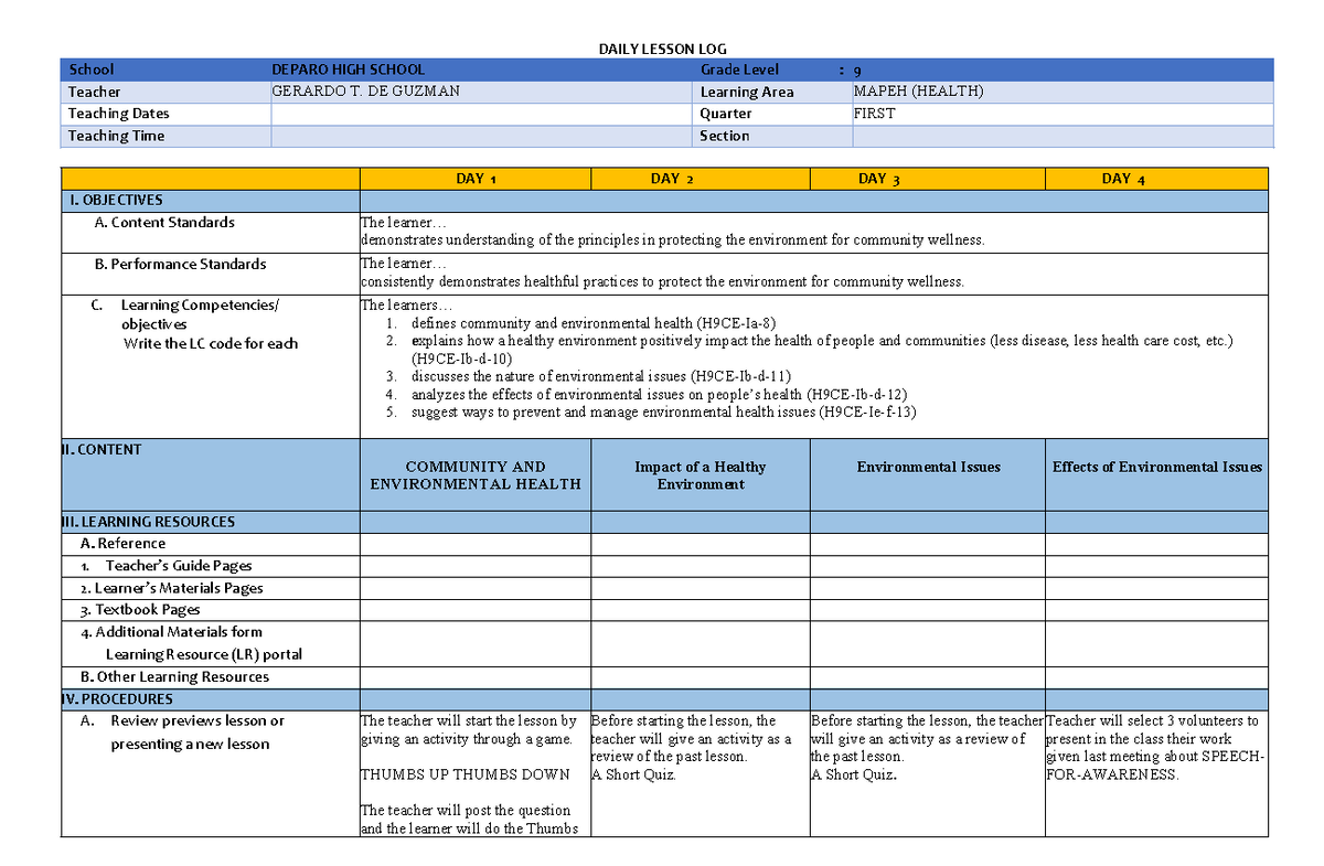 Health 9 MAPEH Daily Lesson Log: Community & Environmental Health - Studocu