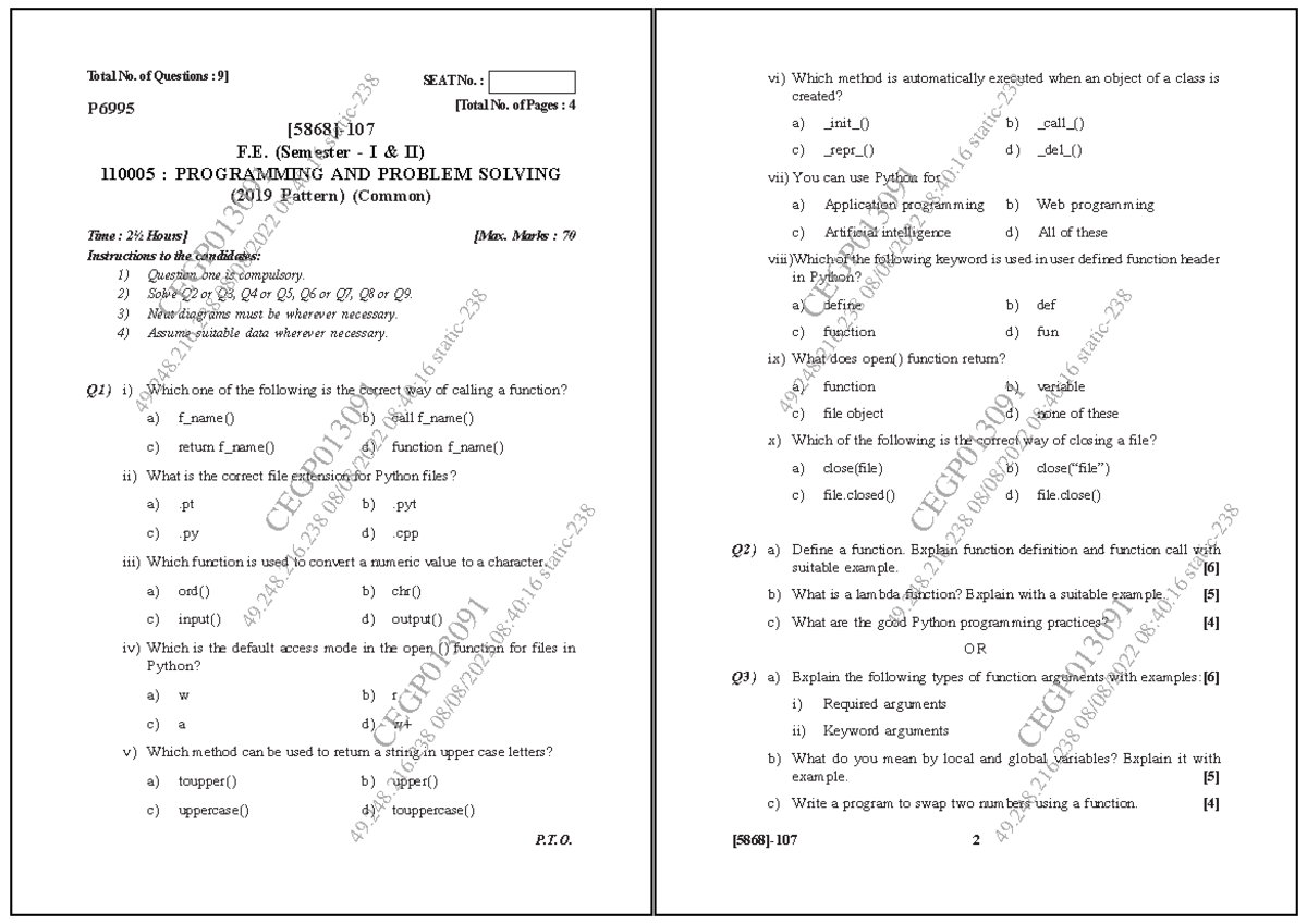 Endsem Exam Paper [5868] - Programming and Problem Solving (Sem I & II ...