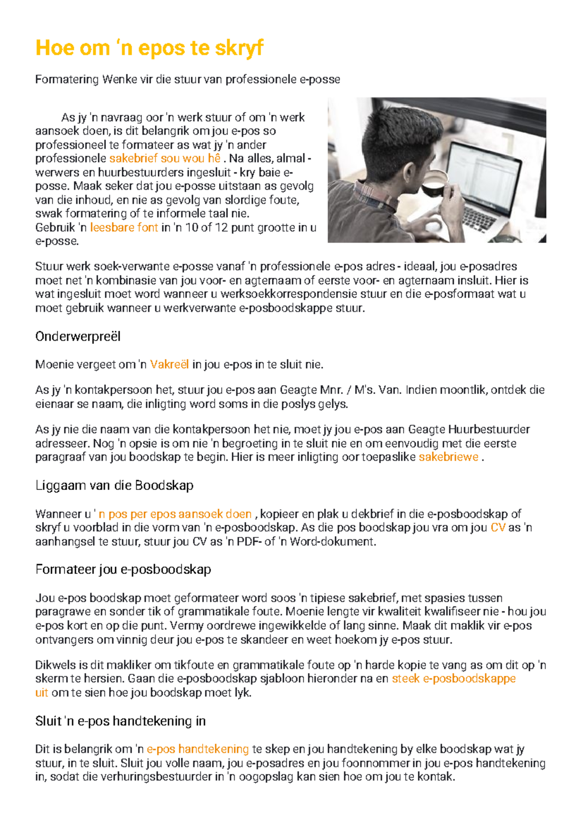 E-pos Formatering Wenke vir Gr 8 HT - Professionele Aansoeke - Studocu