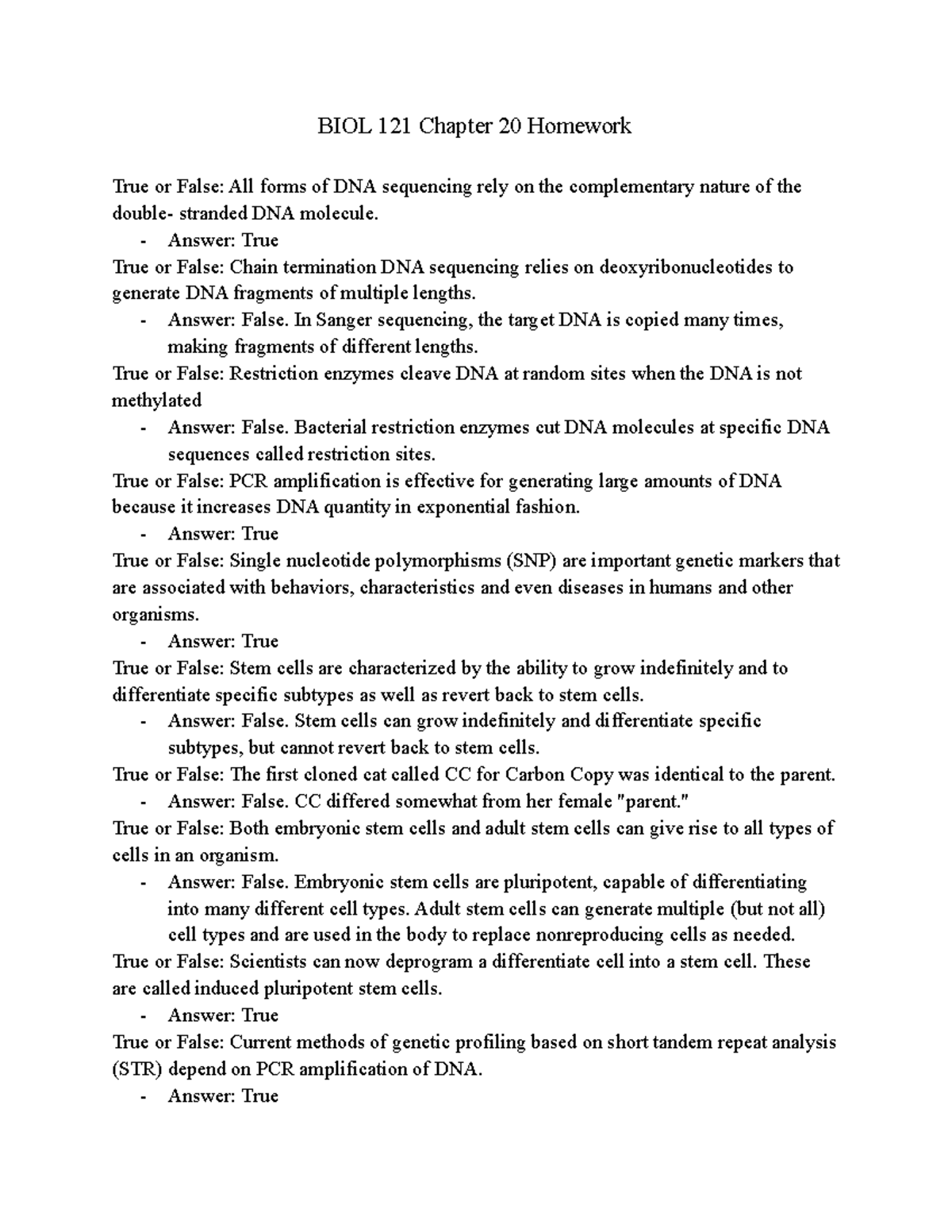 BIOL 121 Chapter 20 Homework - BIOL 121 Chapter 20 Homework True or ...
