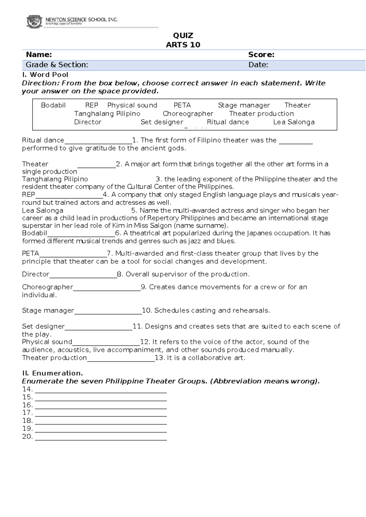 ARTS 10 QUIZ - Grade 10 Filipino Theater Concepts and Terms - Studocu