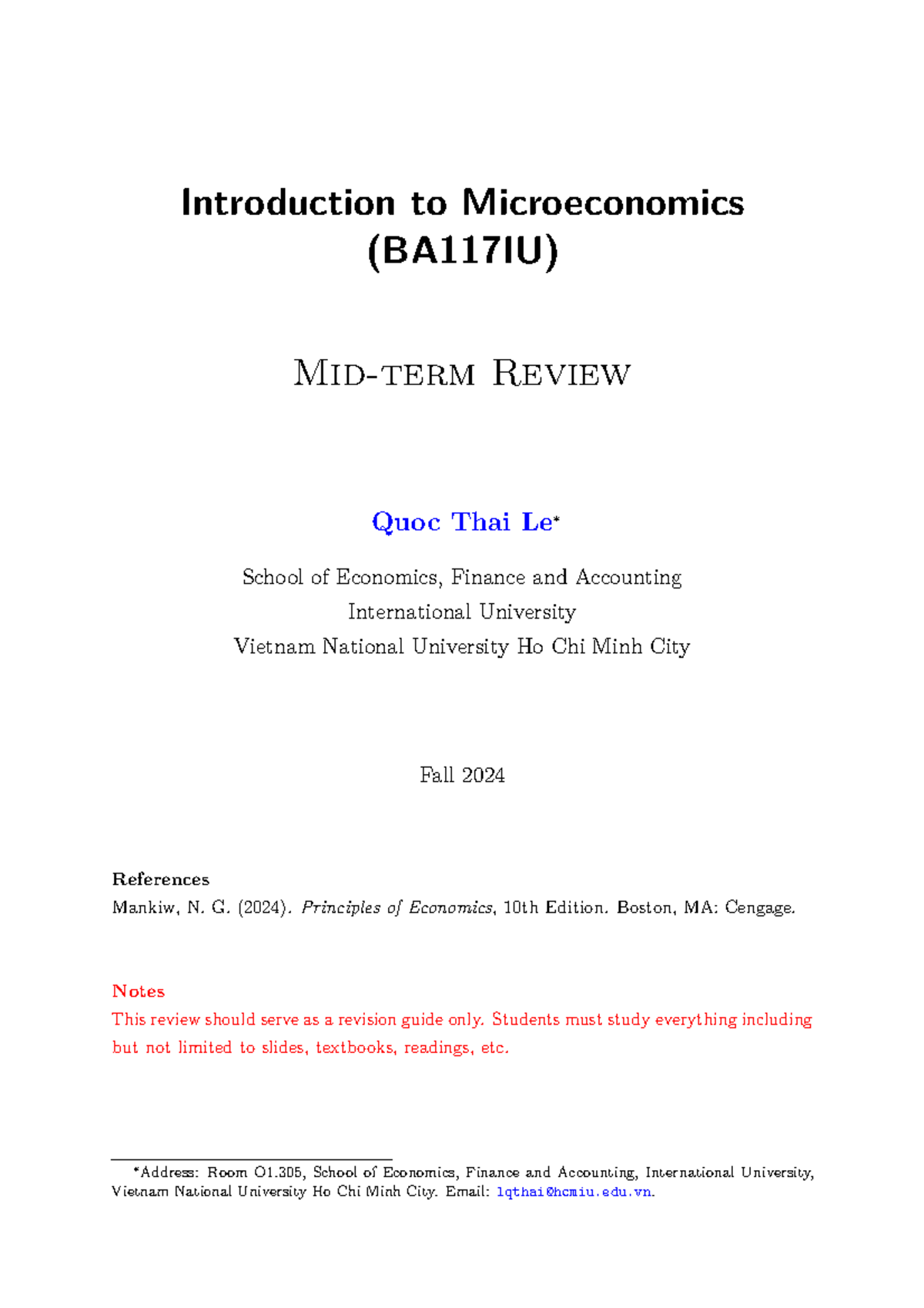 Introduction to Microeconomics (BA117IU) Study Guide for Fall 2024 ...