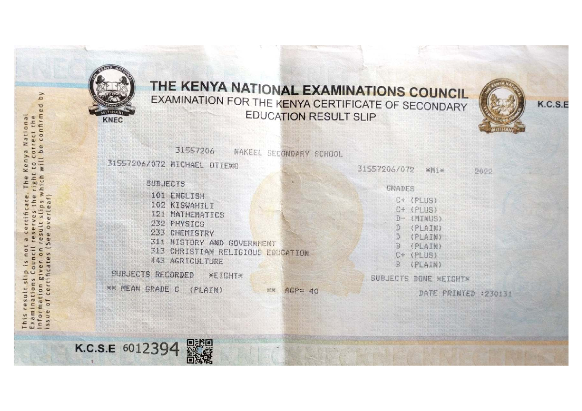 K.C.S Examination Result Slip - KNEC 2022 Grades Overview - Studocu