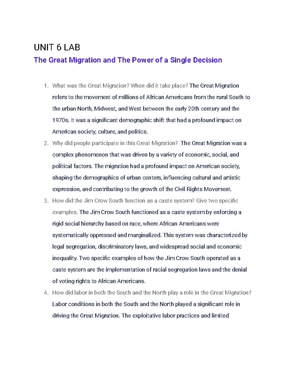 UNIT 6 LAB - Unit 6 - UNIT 6 LAB The Great Migration and The Power of a Single Decision What was ...