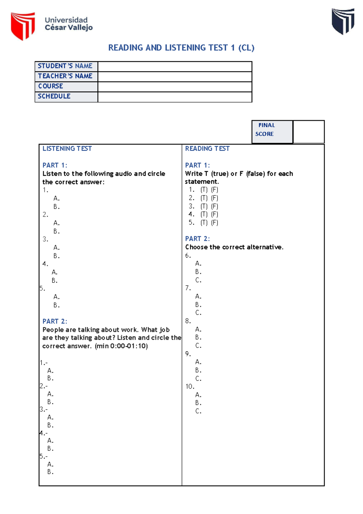 English I Reading & Listening Test 1 (CL) - Final Exam - Studocu