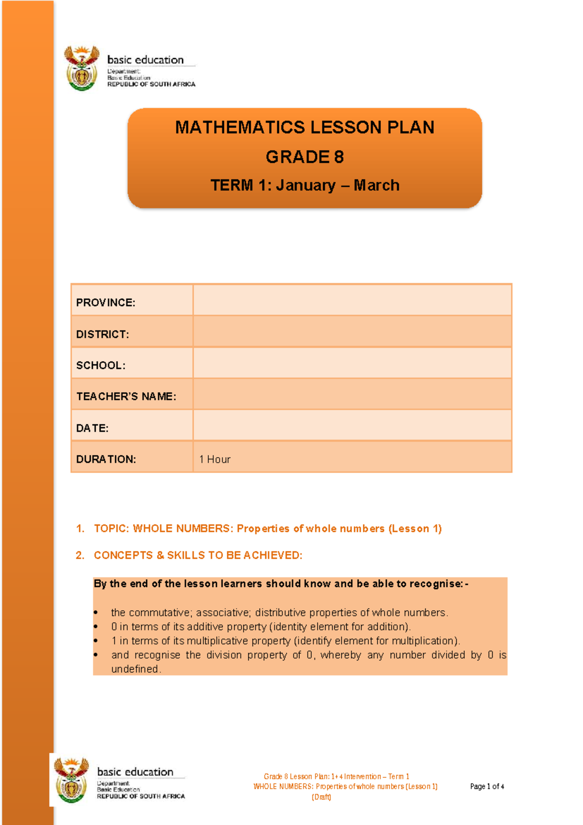 MATHEMATICS GRADE 8 LESSON PLAN: WHOLE NUMBERS (TERM 1) - Studocu