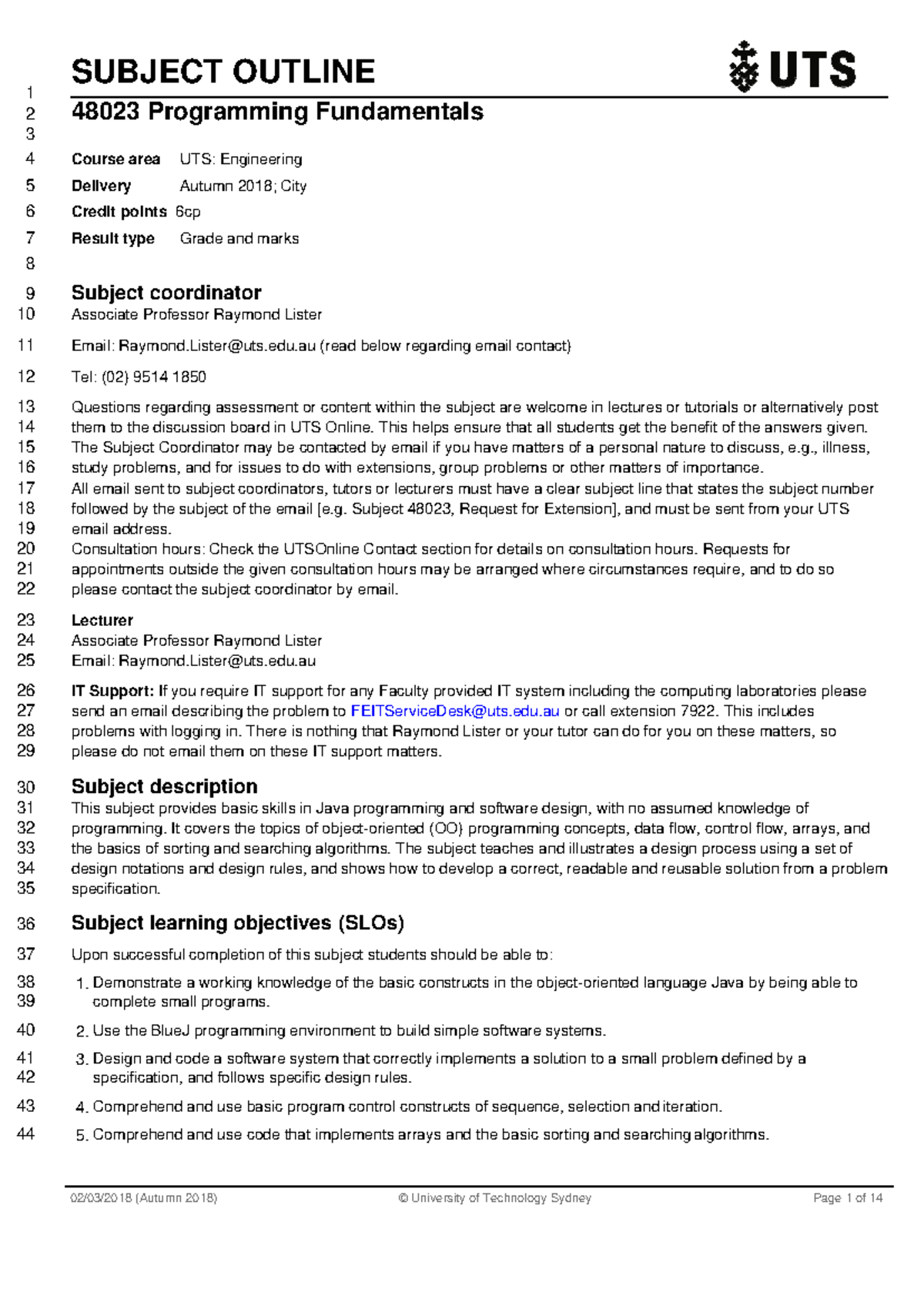 Programming Fundamentals Outline - 1 2 3 4 SUBJECT OUTLINE 48023 ...