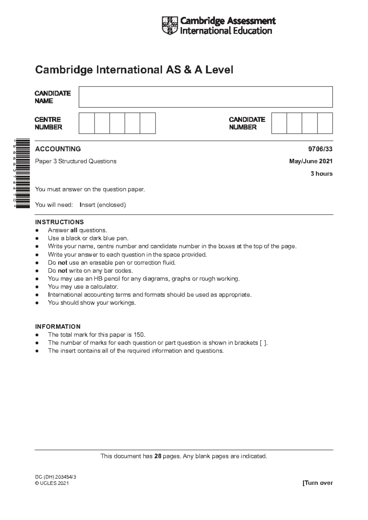 Cambridge International AS A Level 9706 Accounting Paper 3 structured ...