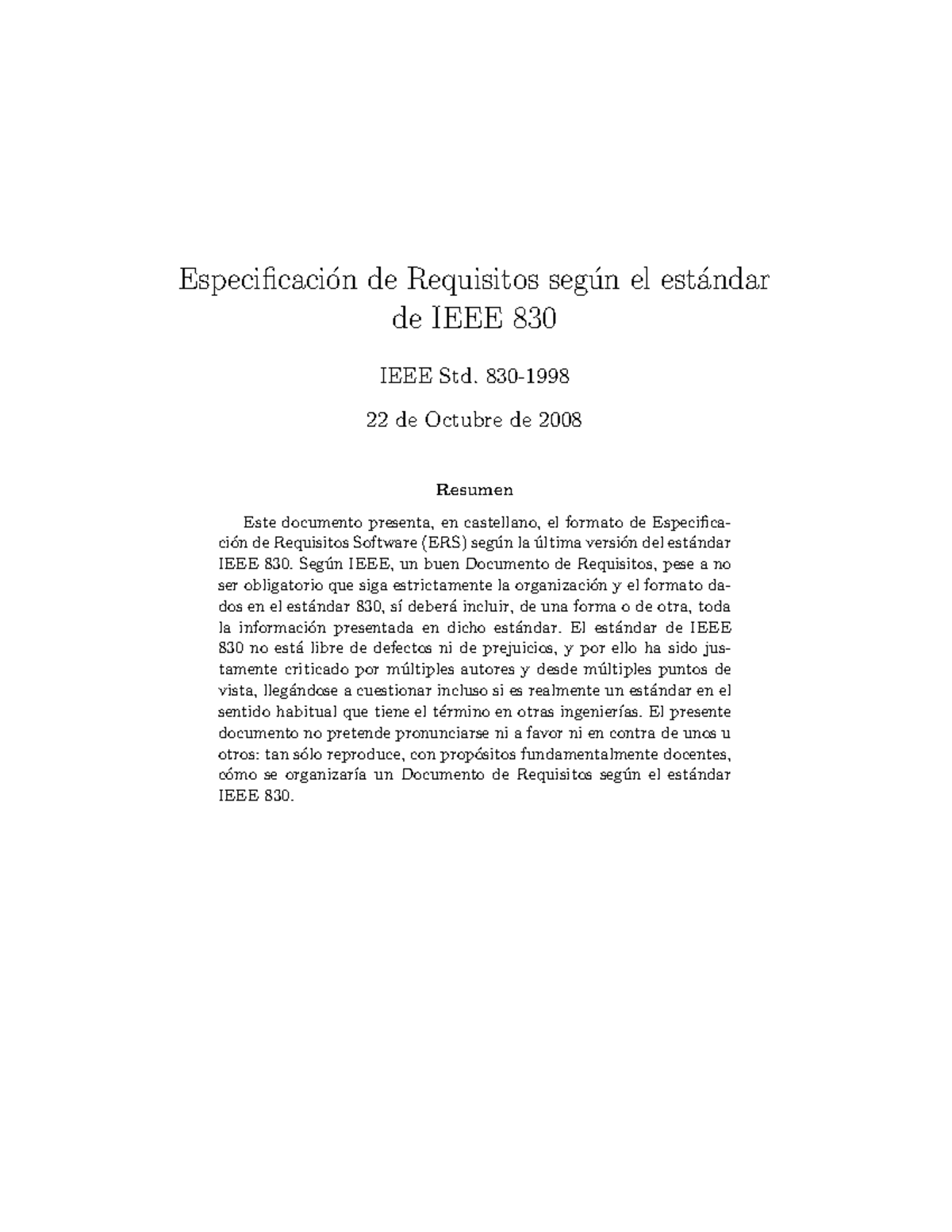 IEEE 830 - Especificación de Requisitos Software según Estándar - Studocu