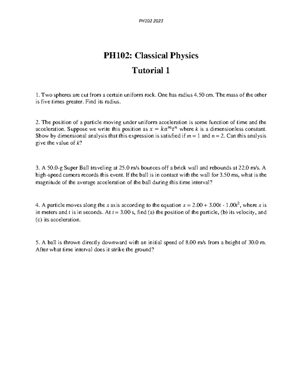 PH102 Tutorial 1 Questions on Classical Physics Concepts - Studocu