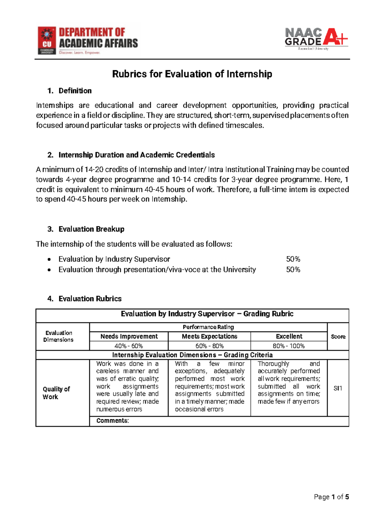 Internship Evaluation Rubrics and Grading Criteria v1 - Studocu
