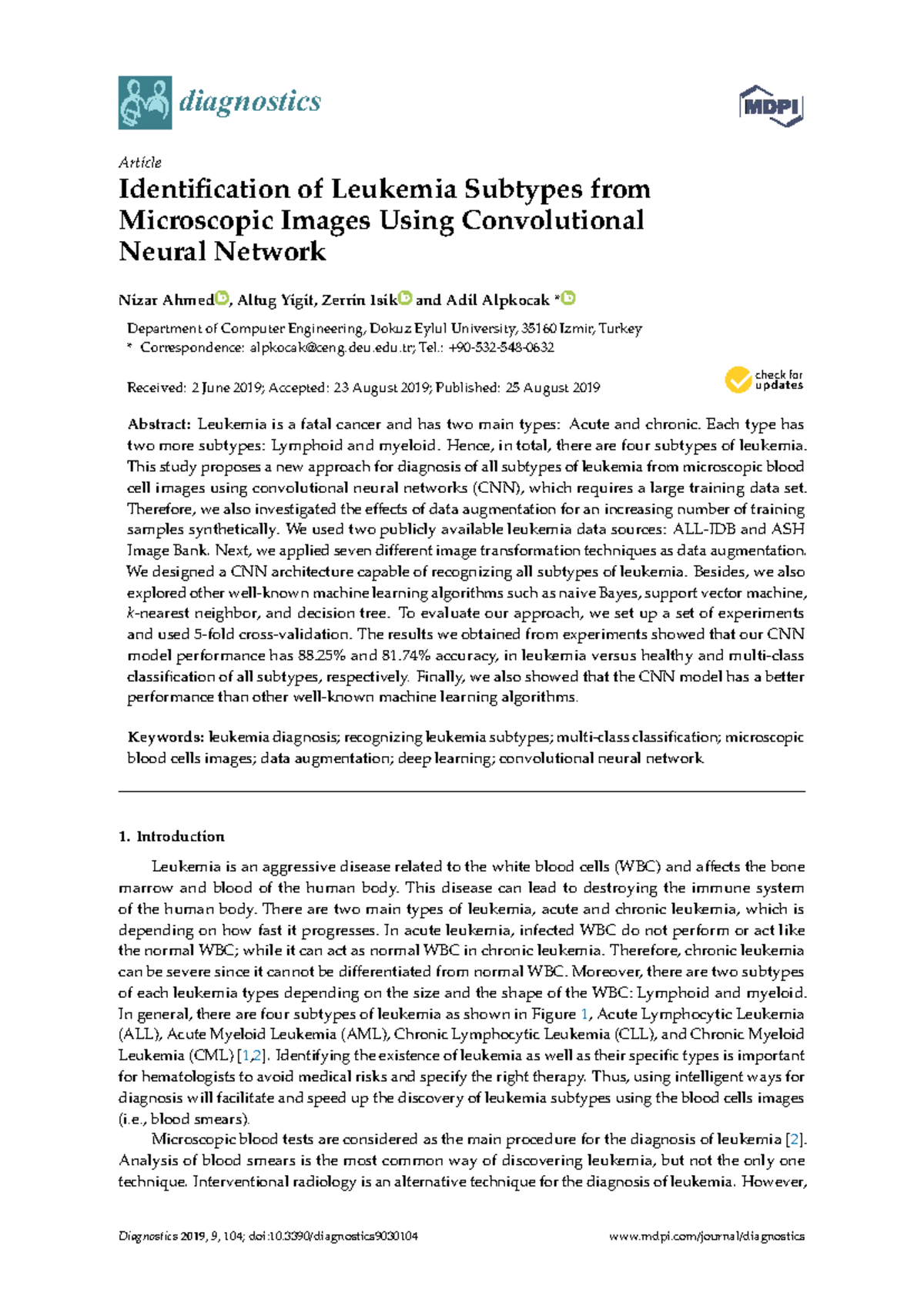 Identification of Leukemia Subtypes Using CNN: A Study on Microscopic ...