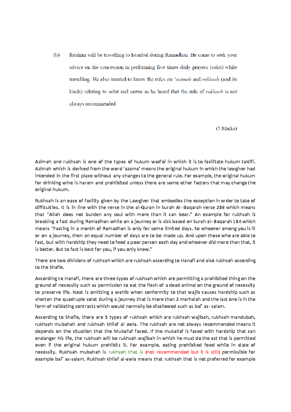 Usul Fiqh Q + A (marked) - Azimah and rukhsah is one of the types of ...