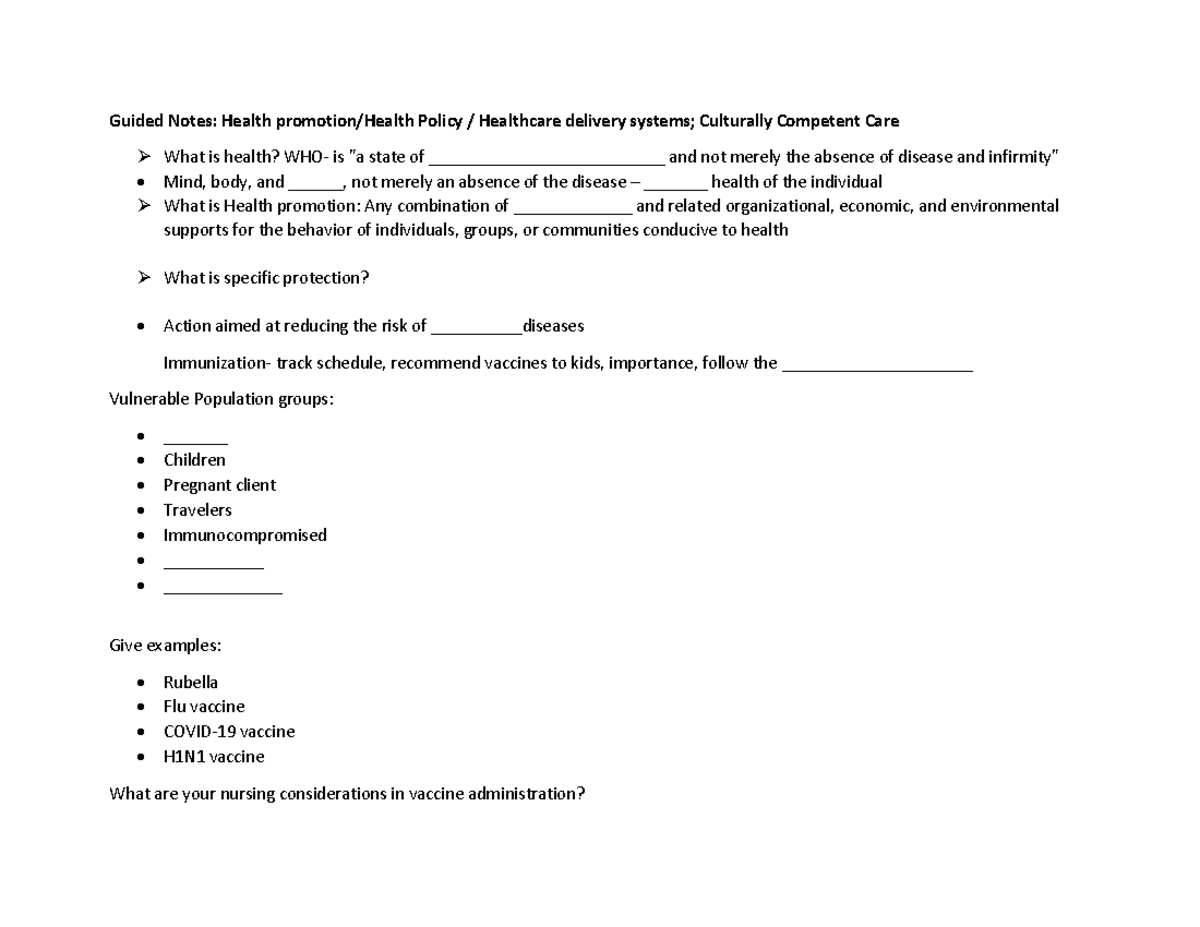 Health Promotion & Healthcare Systems: Guided Notes for Students - Studocu