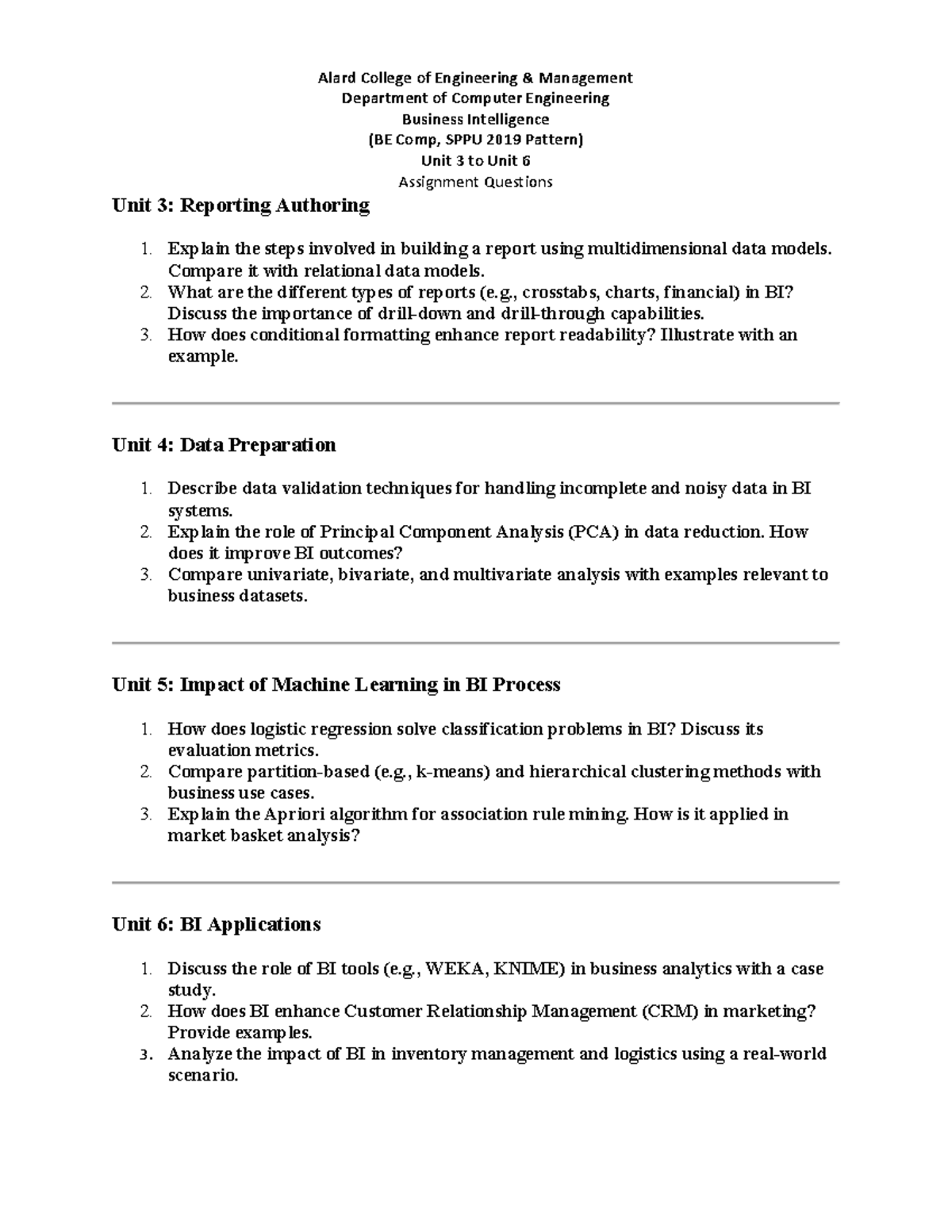 BI Assignment (BE Comp, SPPU 2019) Units 3-6 Summary and Questions ...