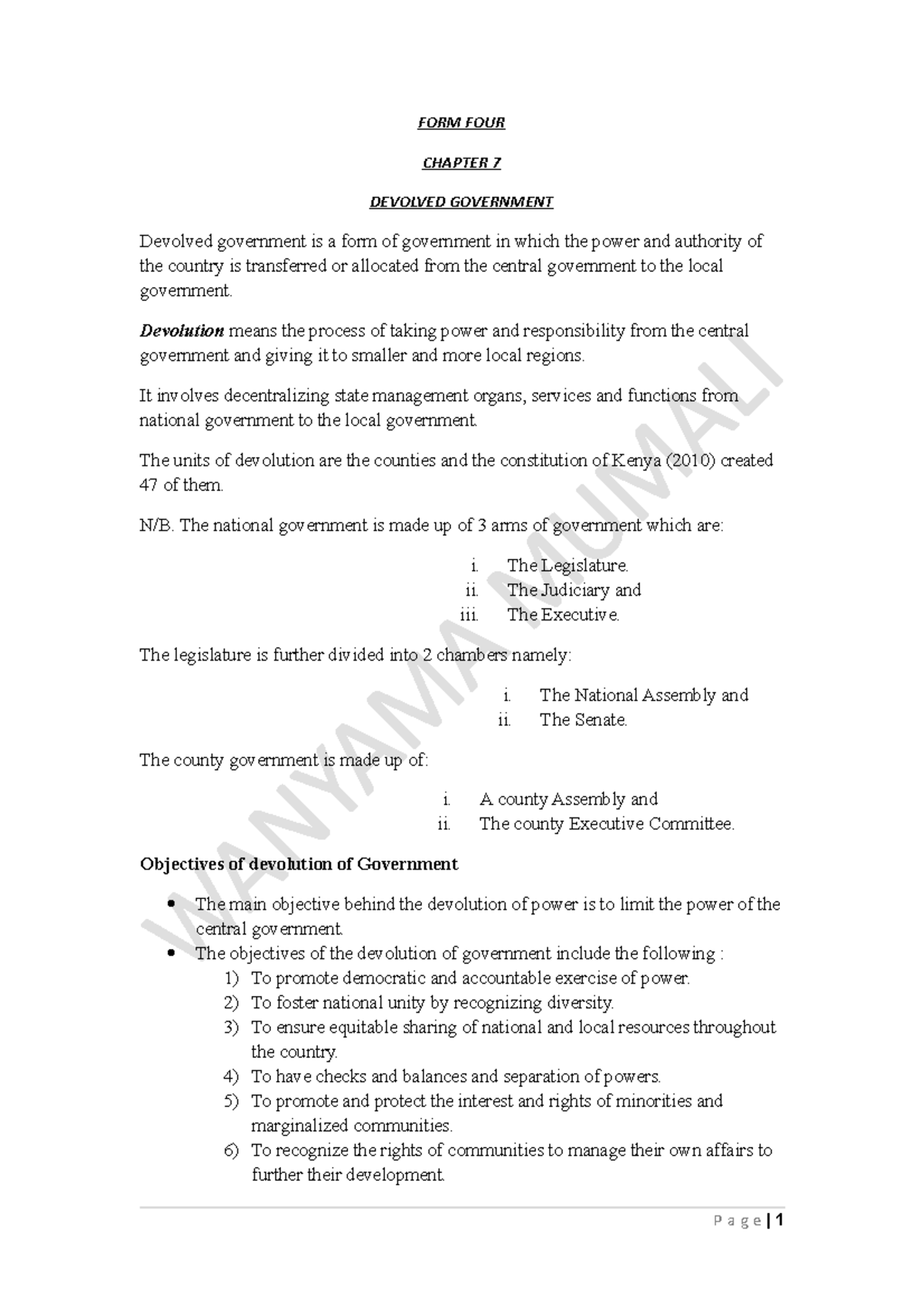 Form 4 Chapter 7: Notes on Devolved Government Principles - Studocu
