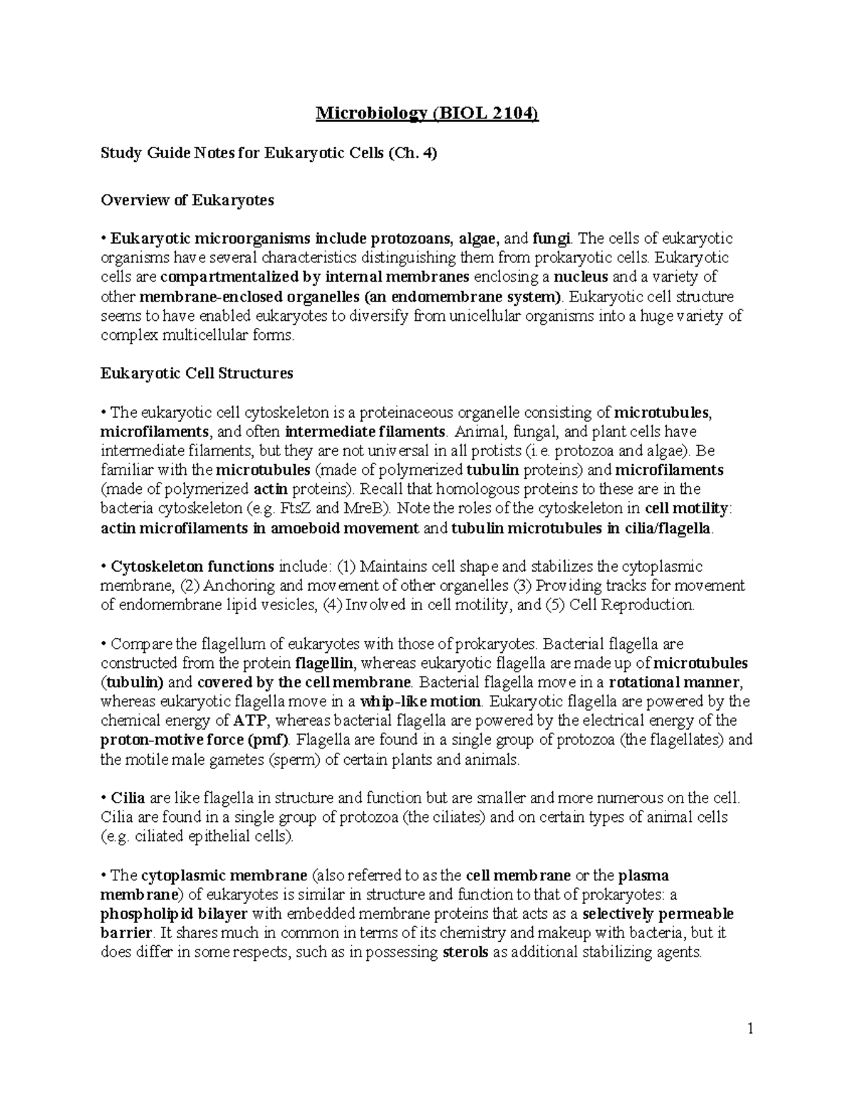 Microbiology (BIOL 2104) Study Guide: Eukaryotic Cells Overview - Studocu
