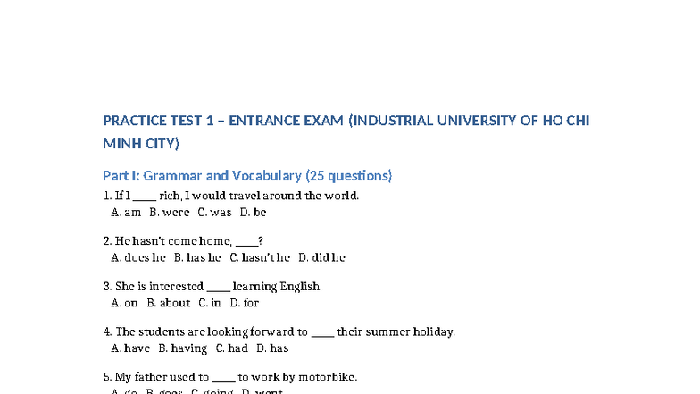 PRACTICE TEST 1 ENTRANCE EXAM (DHCong Thuong) - Grammar & Vocabulary ...
