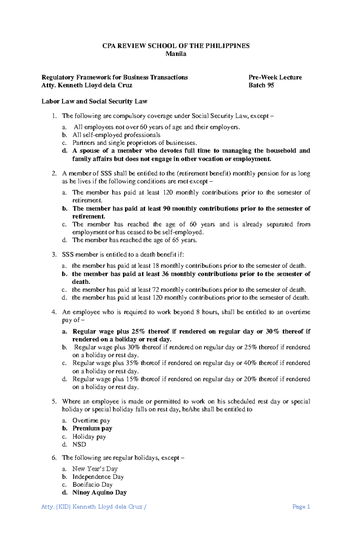 B95 - RFBT Preweek Lecture Notes on Labor & Social Security Law (With ...
