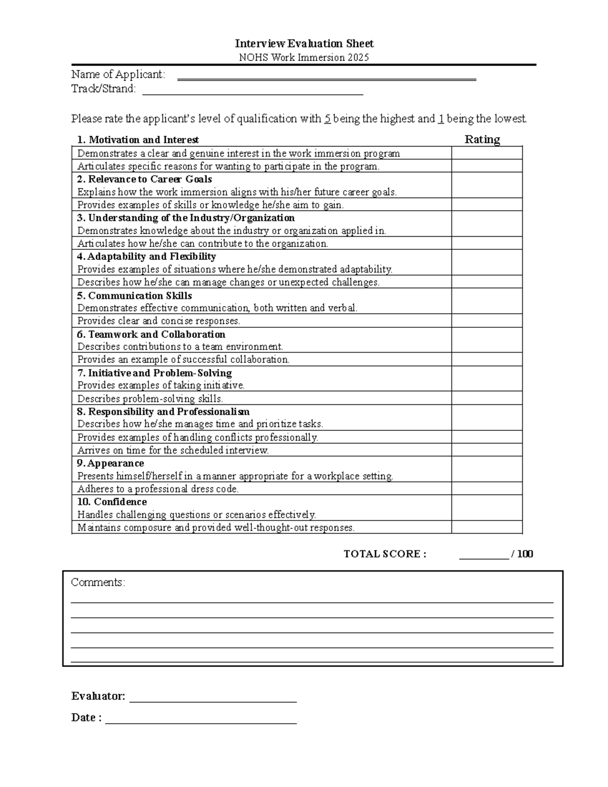 Mock Interview Evaluation Sheet - Interview Evaluation Sheet NOHS Work ...