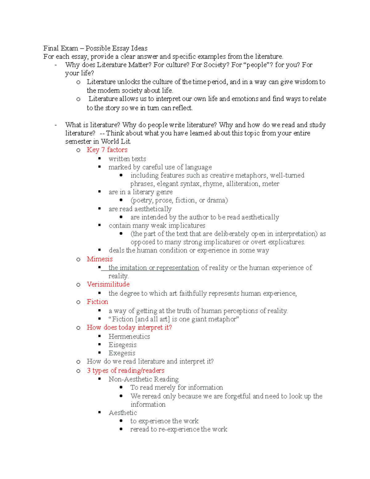 Final Exam - Literature Insights and Essay Ideas Guide - Studocu