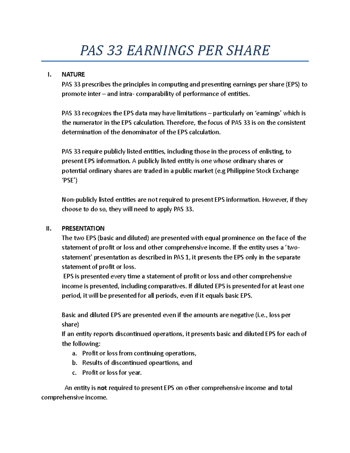 PAS 33 Summary: Key Principles of Earnings Per Share Calculation - Studocu
