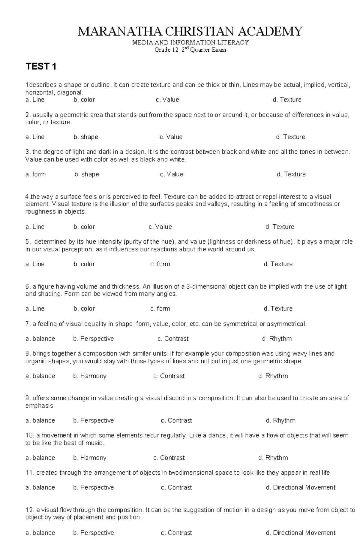 Grade 12 Media & Info Literacy Q2 Exam 2024 - Studocu