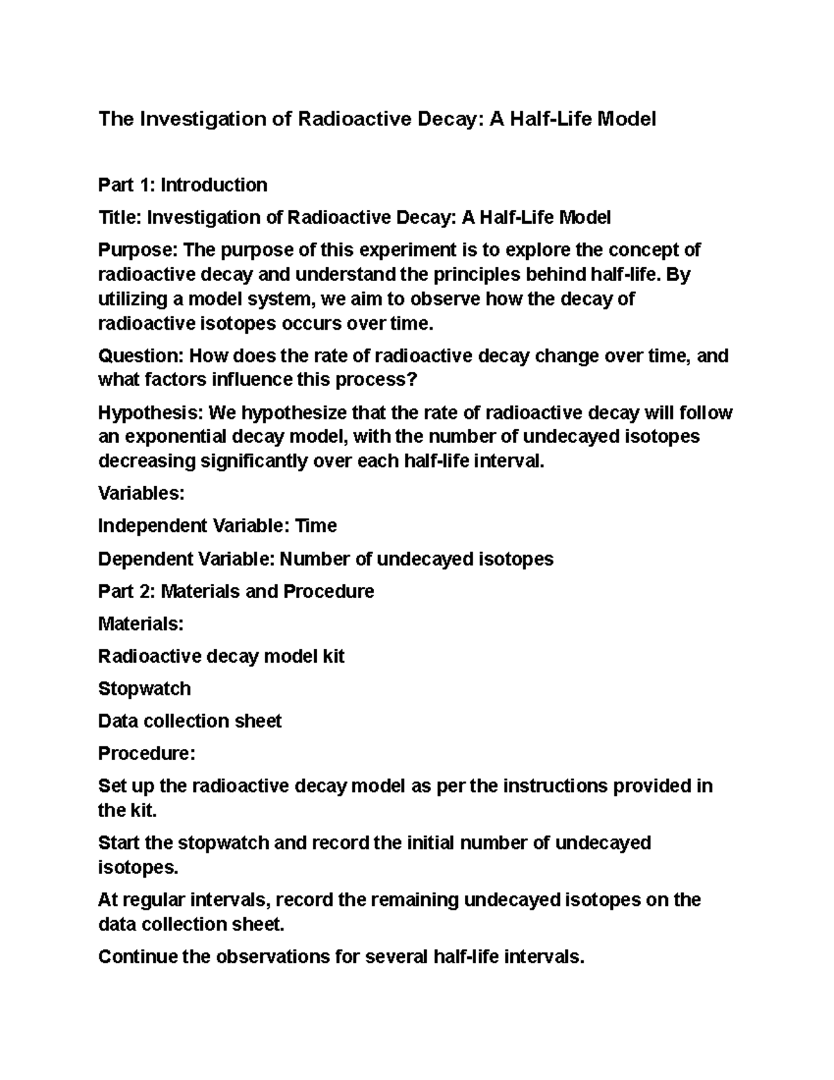 The Investigation of Radioactive Decay A Half-Life Model - By utilizing ...