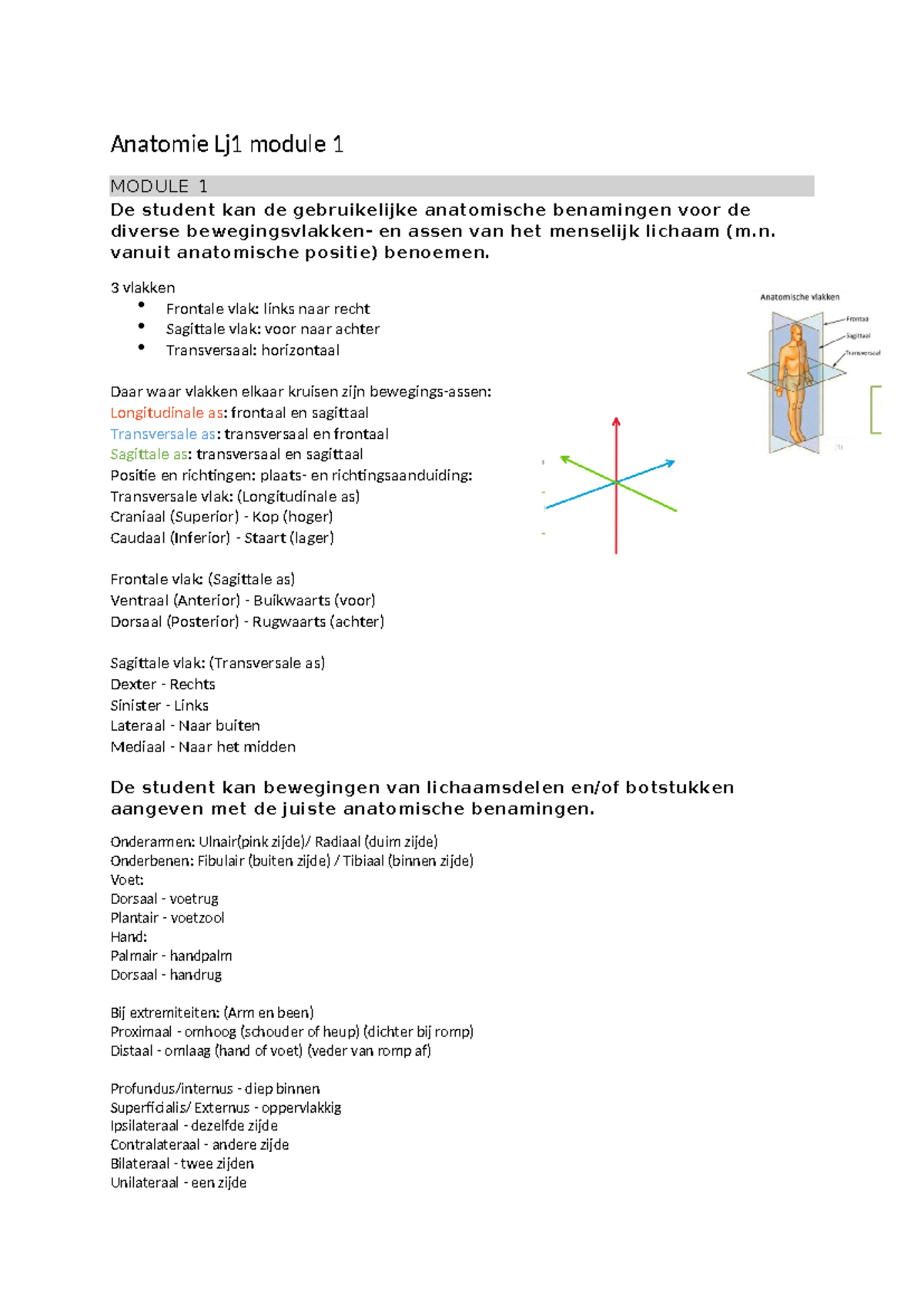 Anatomie LJ1 Module 1: Bewegingsvlakken, Assen en Gewrichten - Studeersnel