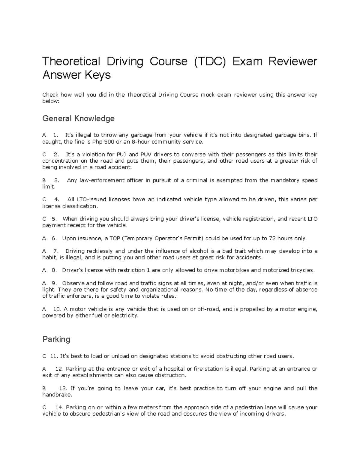 Theoretical Driving Course (TDC) Exam Answer Key Review - Studocu