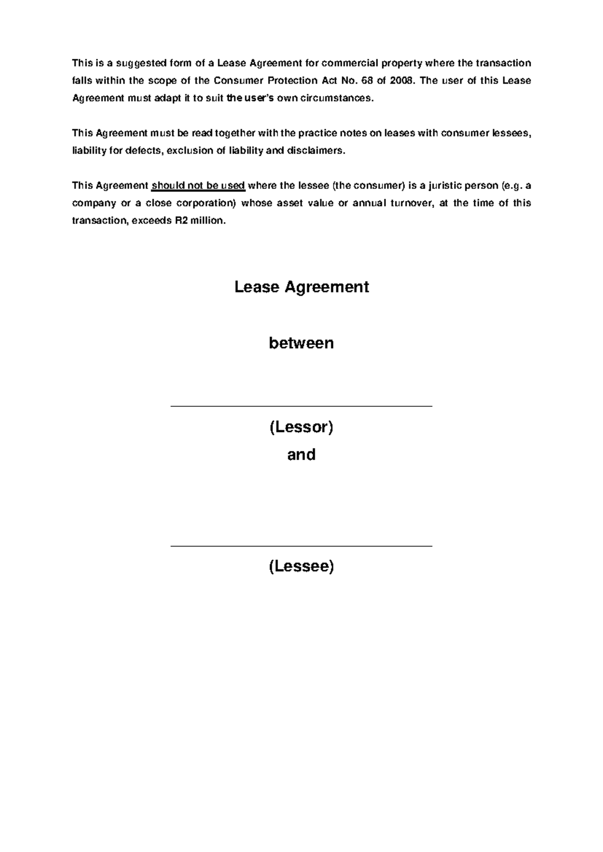 Draft Lease Agreement for Commercial Property under CPA No. 68 of 2008 ...