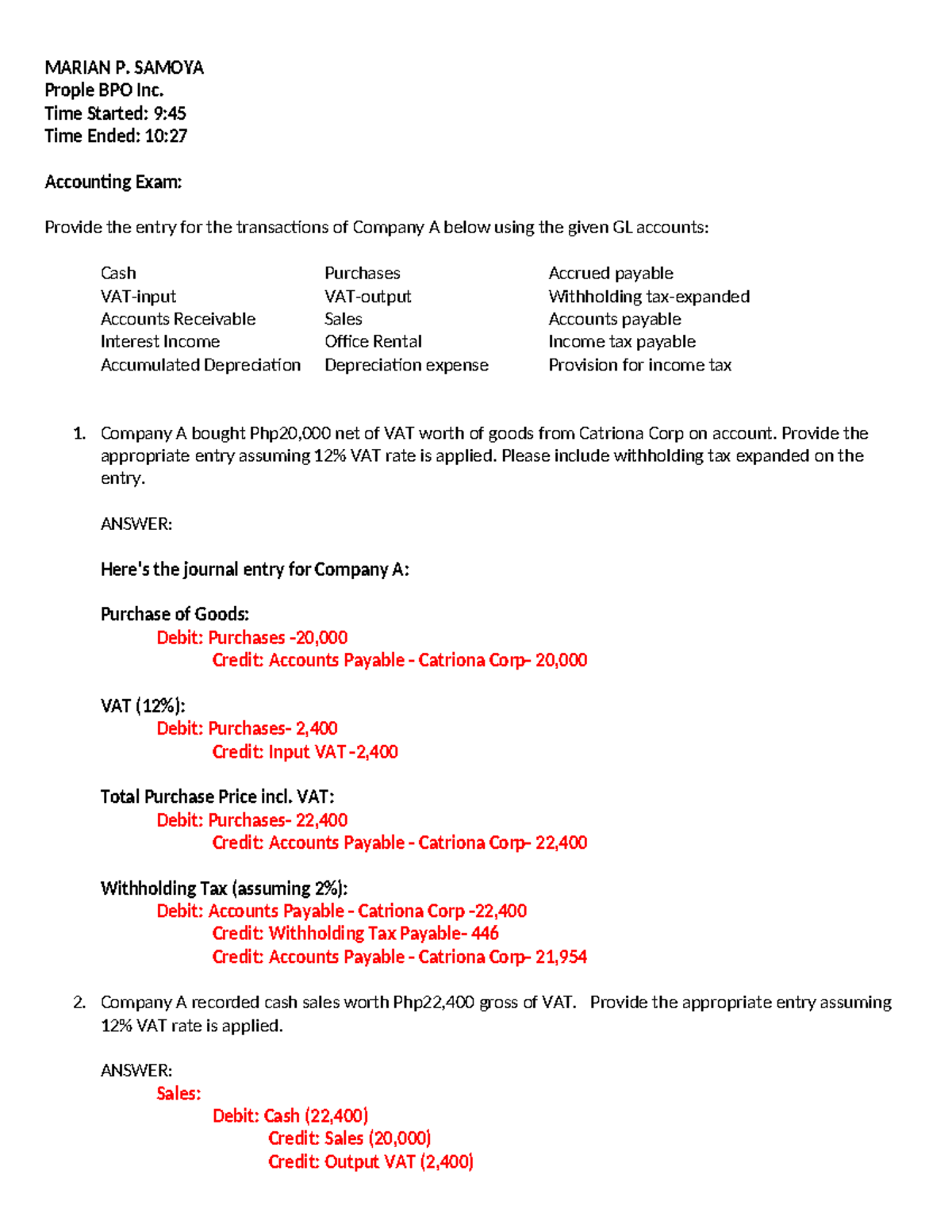 Accounting Exam - MARIAN P. SAMOYA Prople BPO Inc. Time Started: 9 ...