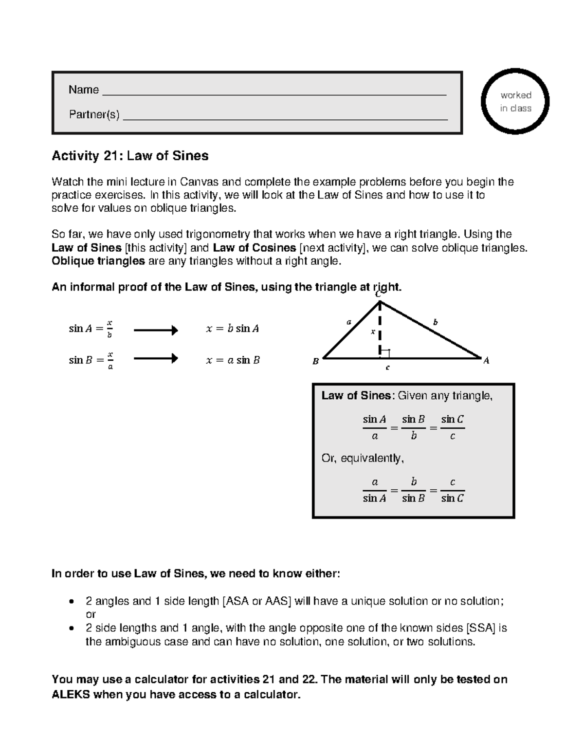 21. Law of Sines-1 - law of sines - c a b x B C A Law of Sines: Given ...
