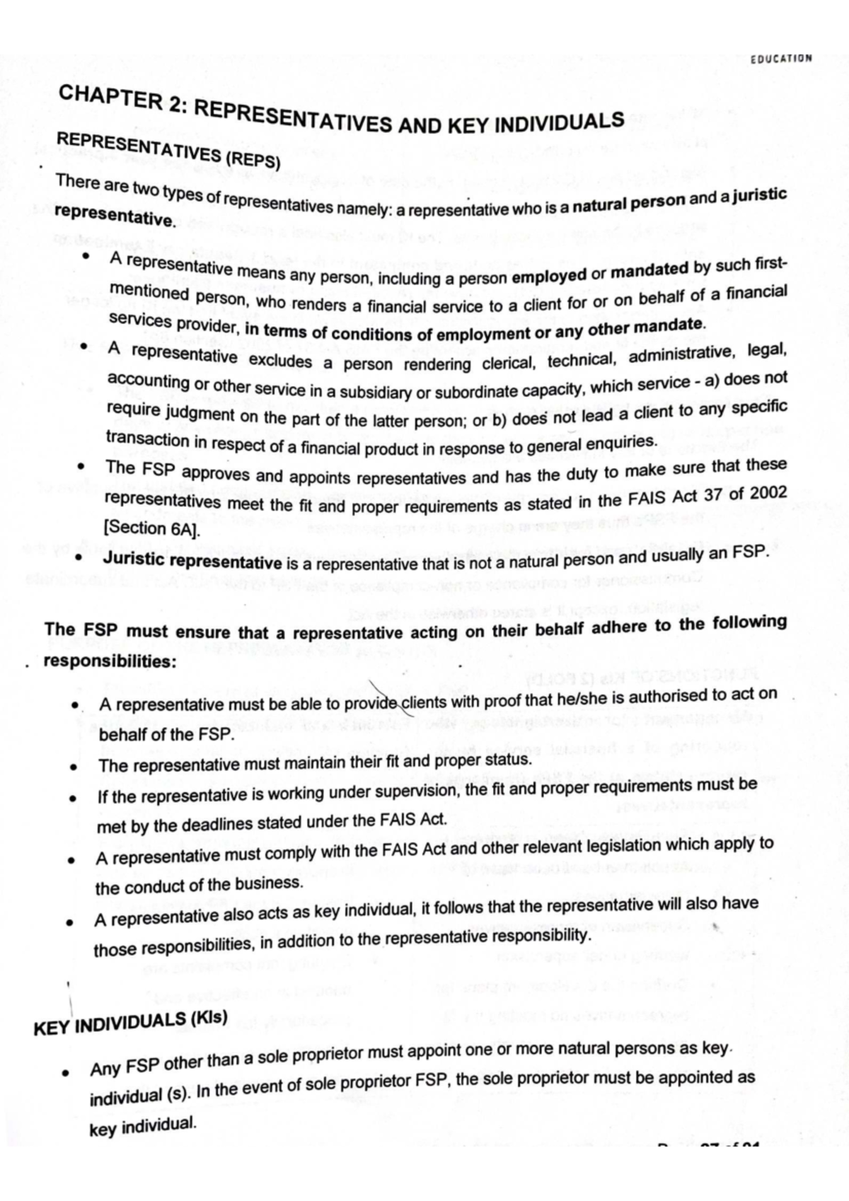 EDUCATION CHAPTER 2: REPRESENTATIVES & KEY INDIVIDUALS (RE5) Study ...