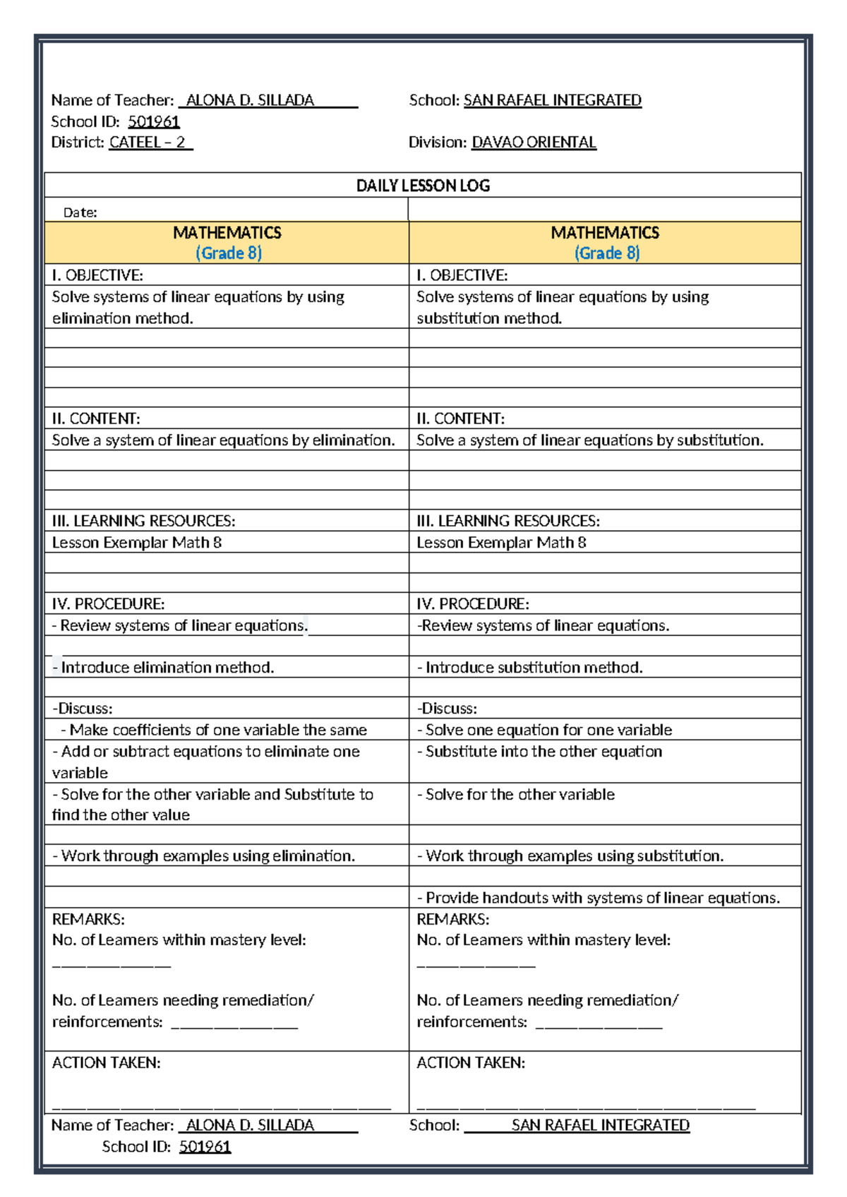 Daily Lesson Log for Mathematics & Science (Grade 7 & 8) - Studocu