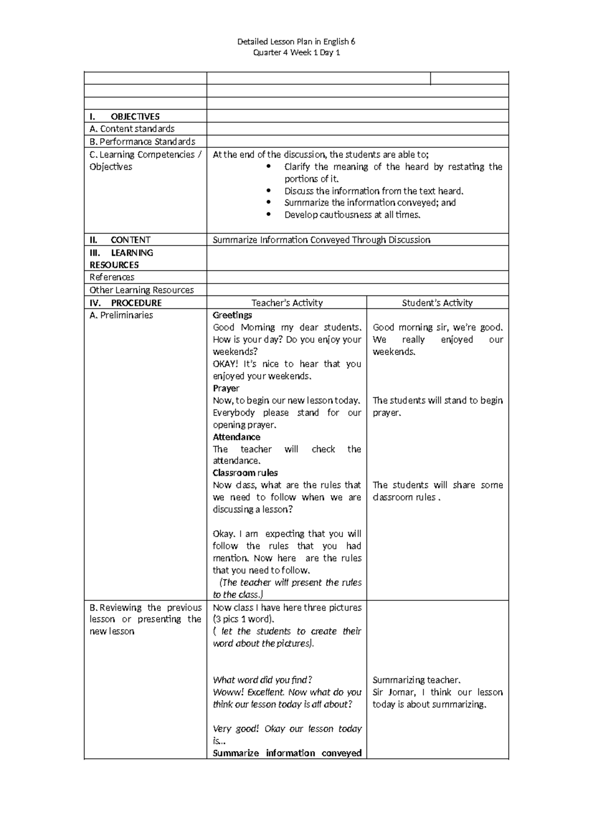 ENG6 Q4 W1 D1: Detailed Lesson Plan on Summarizing Skills - Studocu