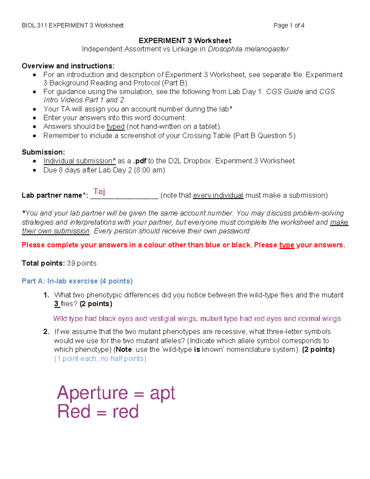 BIOL 311 Experiment 3 Worksheet: Independent Assortment vs Linkage ...