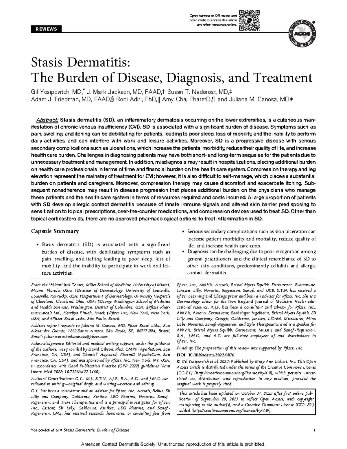 Yosipovitch et al. 2023 Stasis Dermatitis: Disease Burden, Diagnosis ...
