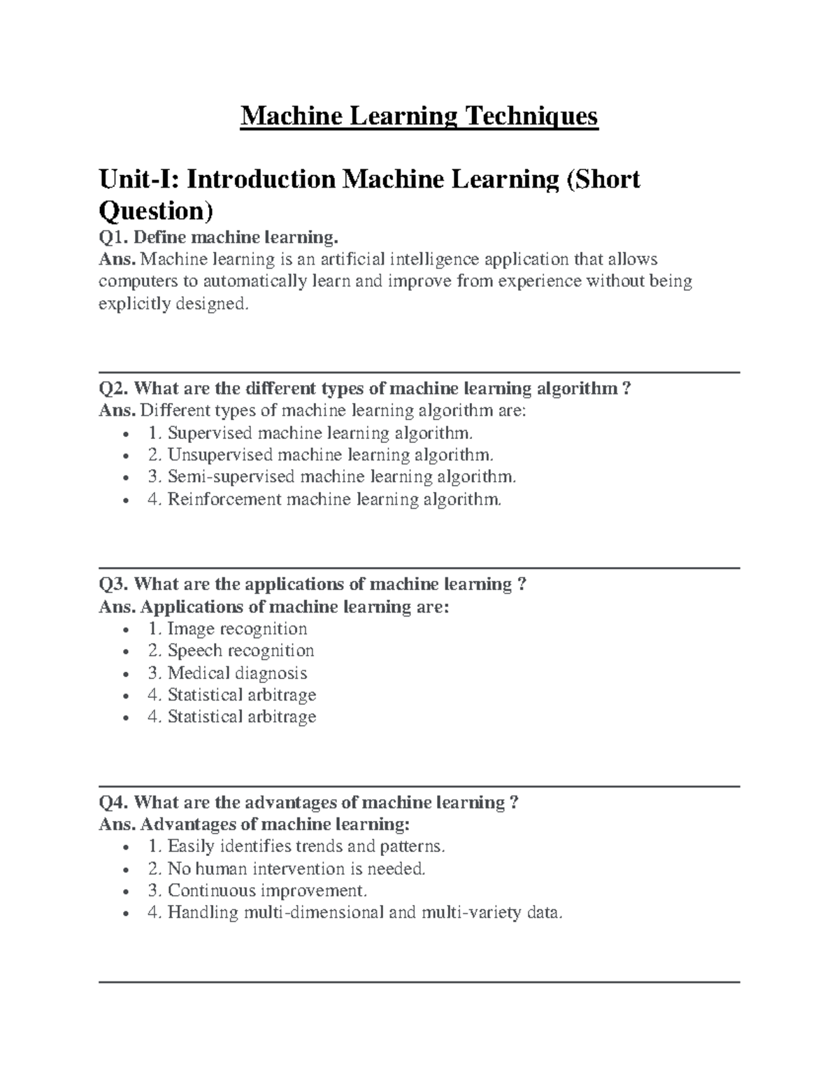 Machine Learning Techniques Short Answers - Machine Learning Techniques ...
