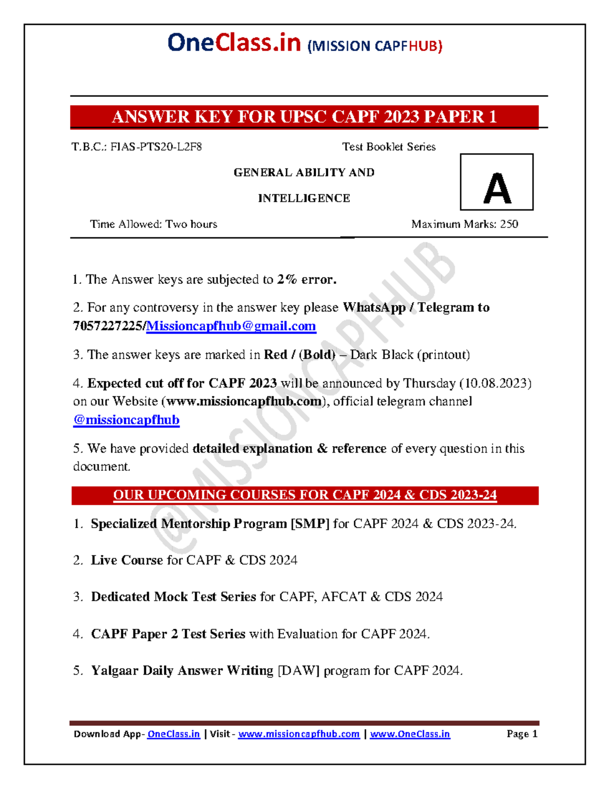CAPF 2023 Paper 1 Answer Key by Missioncapfhub - Revision Guide - Studocu