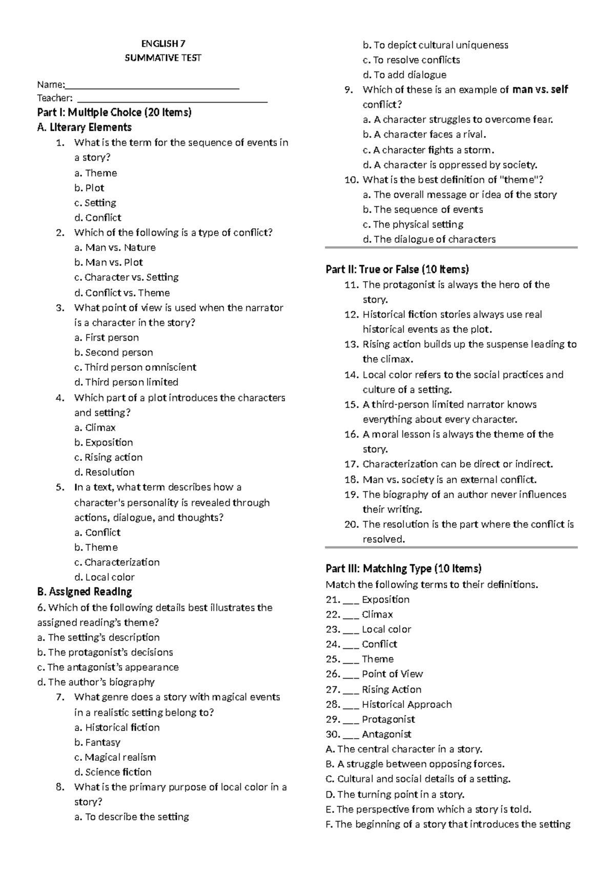 ENG7 Q2 Summative TEST WITH Answer - ENGLISH 7 SUMMATIVE TEST - Studocu