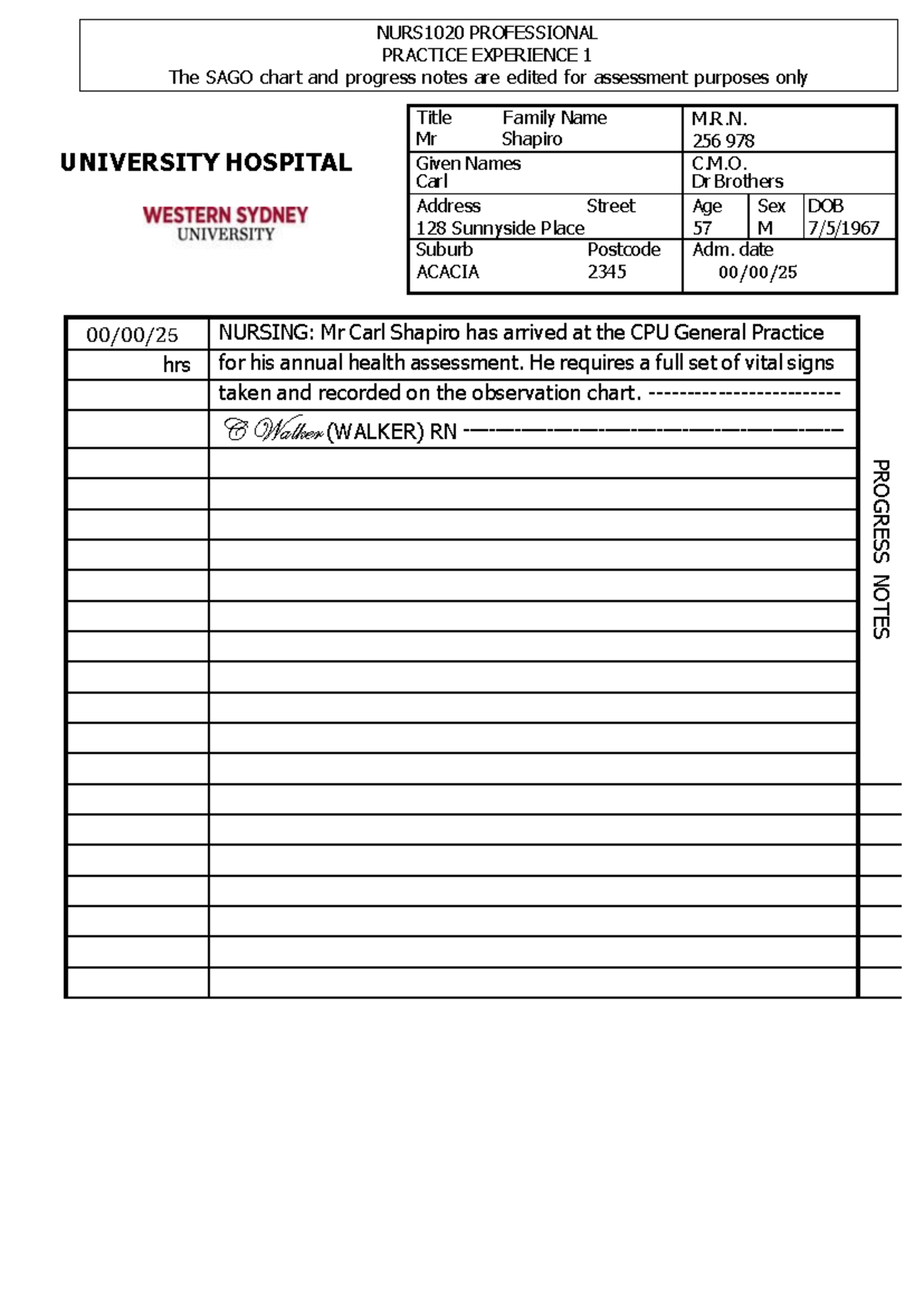 NURS1020 Professional Practice Experience 1: Vital Signs & Progress ...
