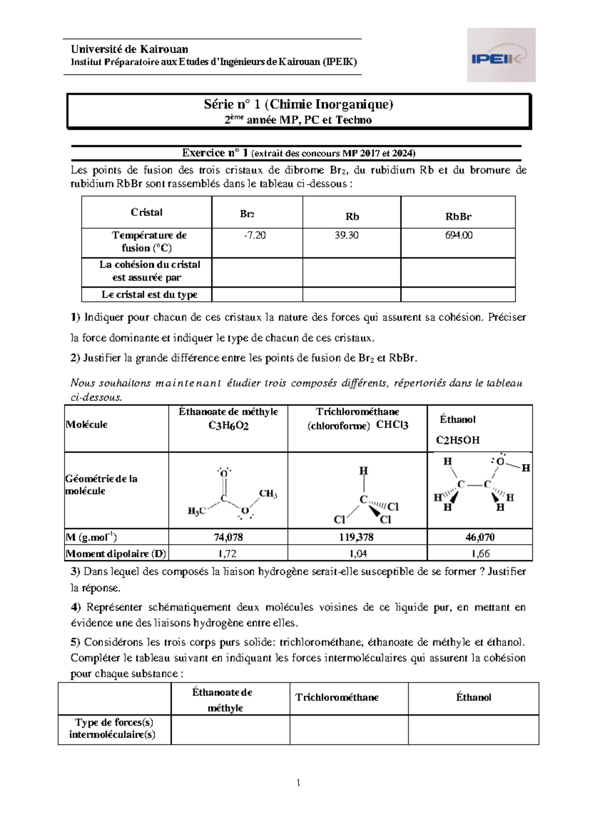 Série de TD n1 Chimie Inorganique - Exercice 1 à 8 (IPEIK) - Studocu