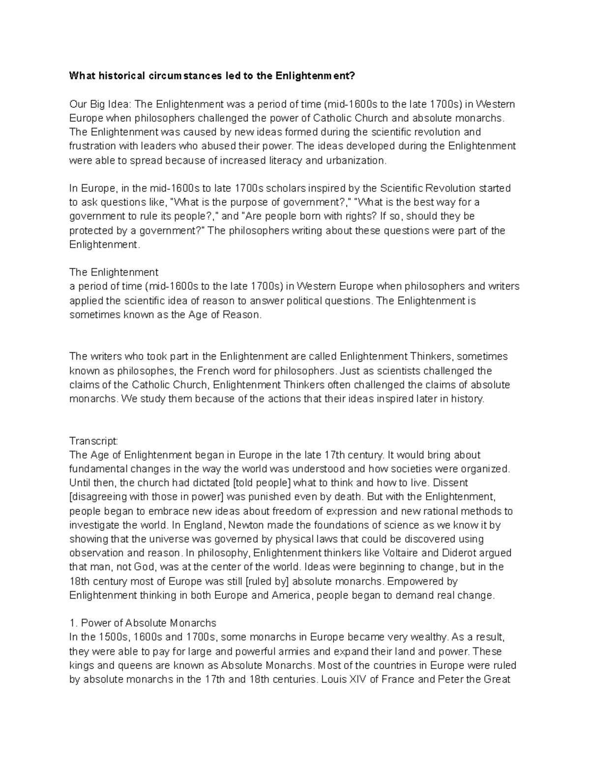 The Enlightenment: Historical Context & Key Thinkers (HIST101) - Studocu