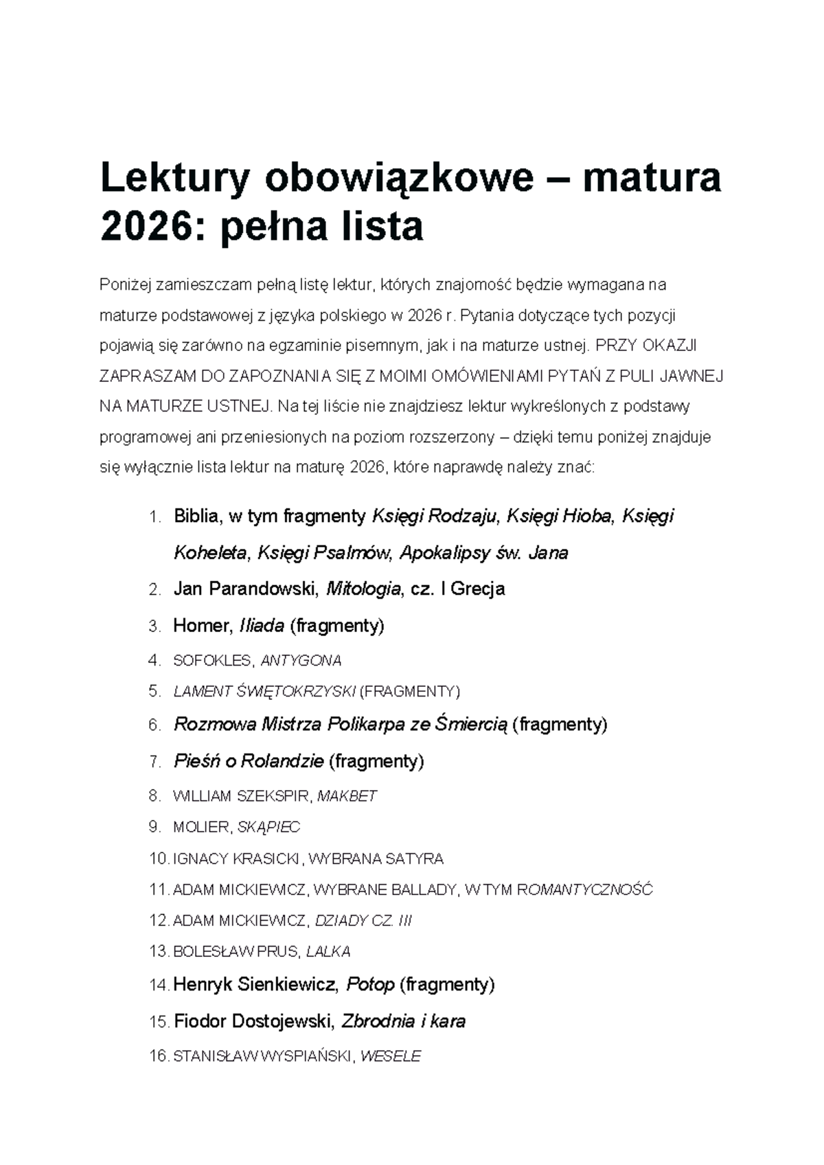 Lektury Obowiązkowe na Maturę 2026: Pełna Lista Wymagana - Studocu