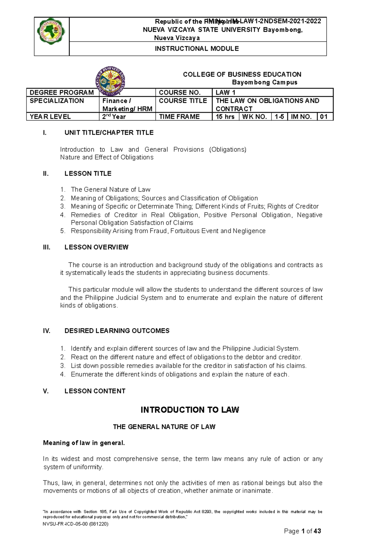LAW 1 - Obligations & Contracts Module 1 Overview and Lessons - Studocu