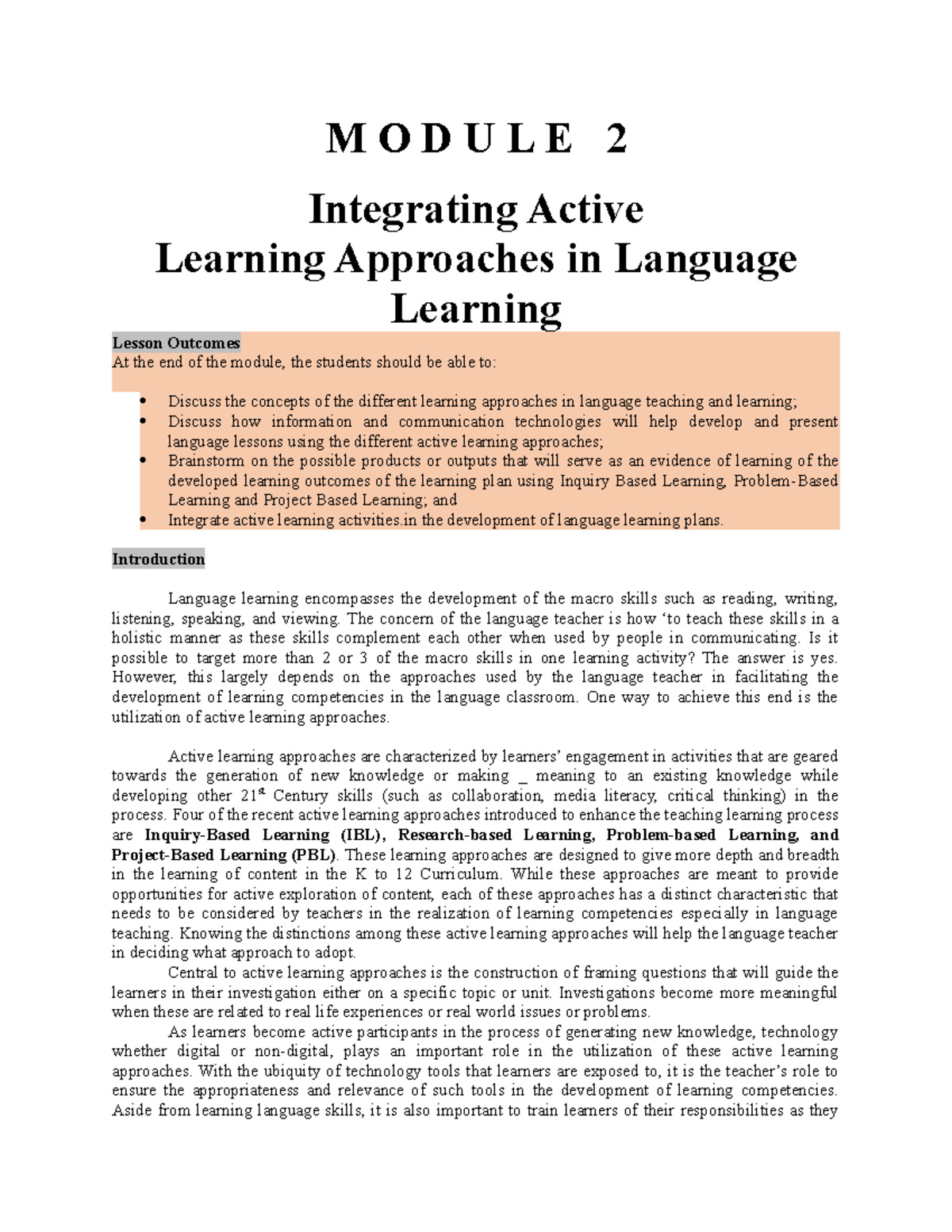Integrating Active Learning Approaches in Language Teaching (EDU 101) - Studocu