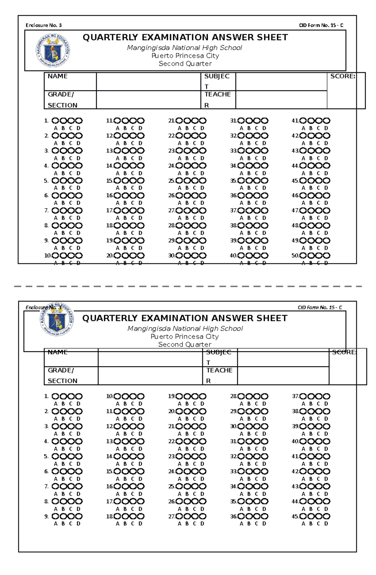 Quarterly Exam Answer Sheets - 35 40 50 Items - Studocu